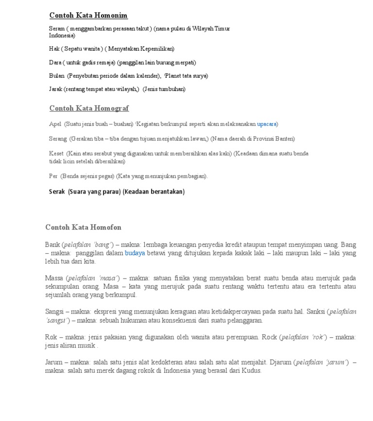 Contoh Kata Homonim, Homofon Dan Homograf | PDF