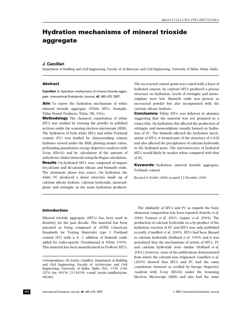 Hydration Mechanisms of Mineral Trioxide Aggregate: J. Camilleri | PDF ...