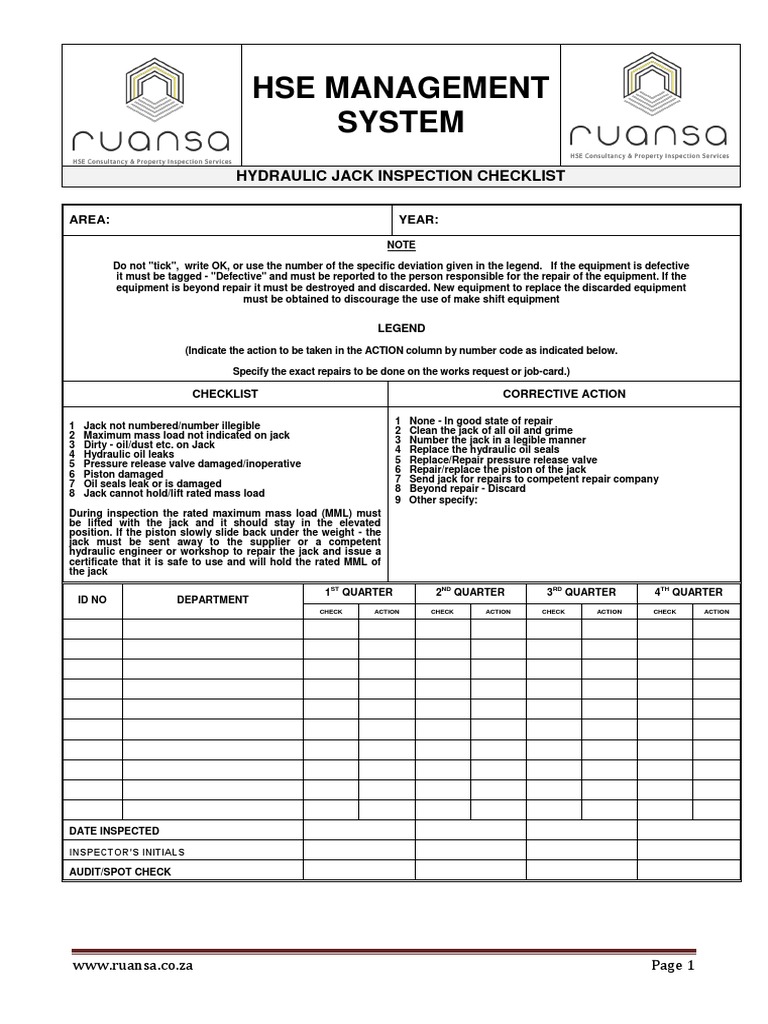 Hydraulic Jack Inspection Checklist | PDF | Manufactured Goods | Gas ...