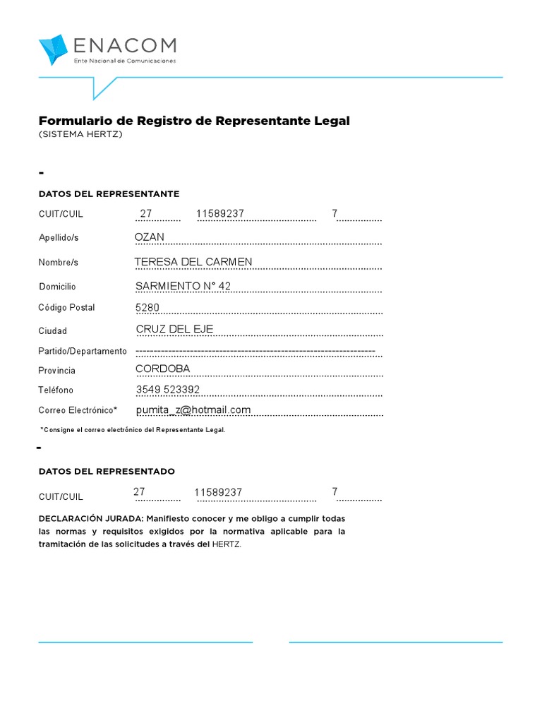 Formulario de Registro de Representante Legal Sistema Hertz | PDF