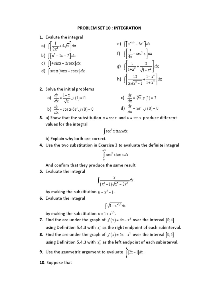 Problem Set 10 - Integration | PDF | Integral | Geometry