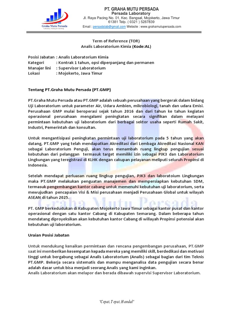 TOR Analis Staf - PT GMP | PDF