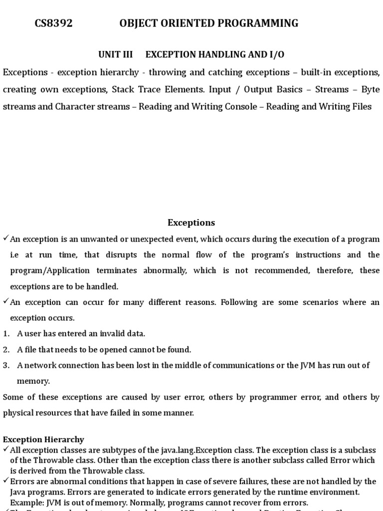 Cs8392 Object Oriented Programming Unit Iii Exception Handling And Io