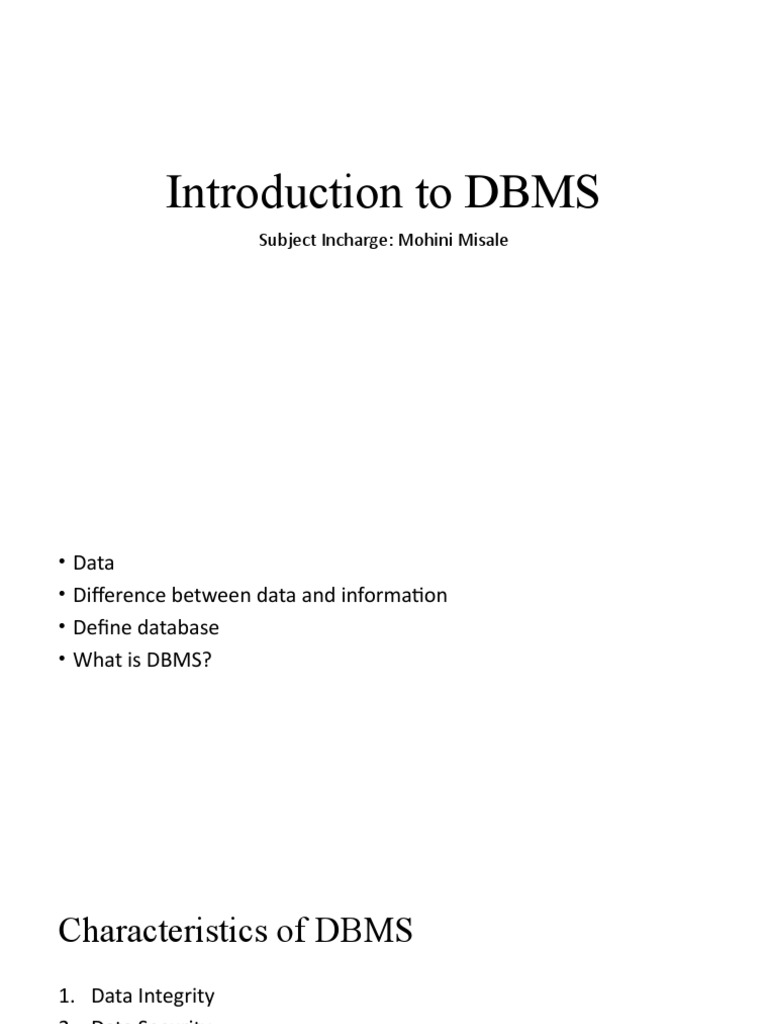 Introduction To DBMS: Subject Incharge: Mohini Misale | Download Free ...