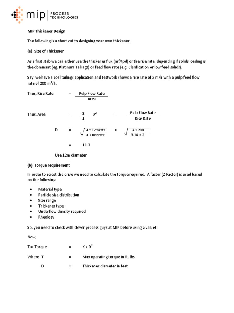 Thickener Design Calculations | PDF