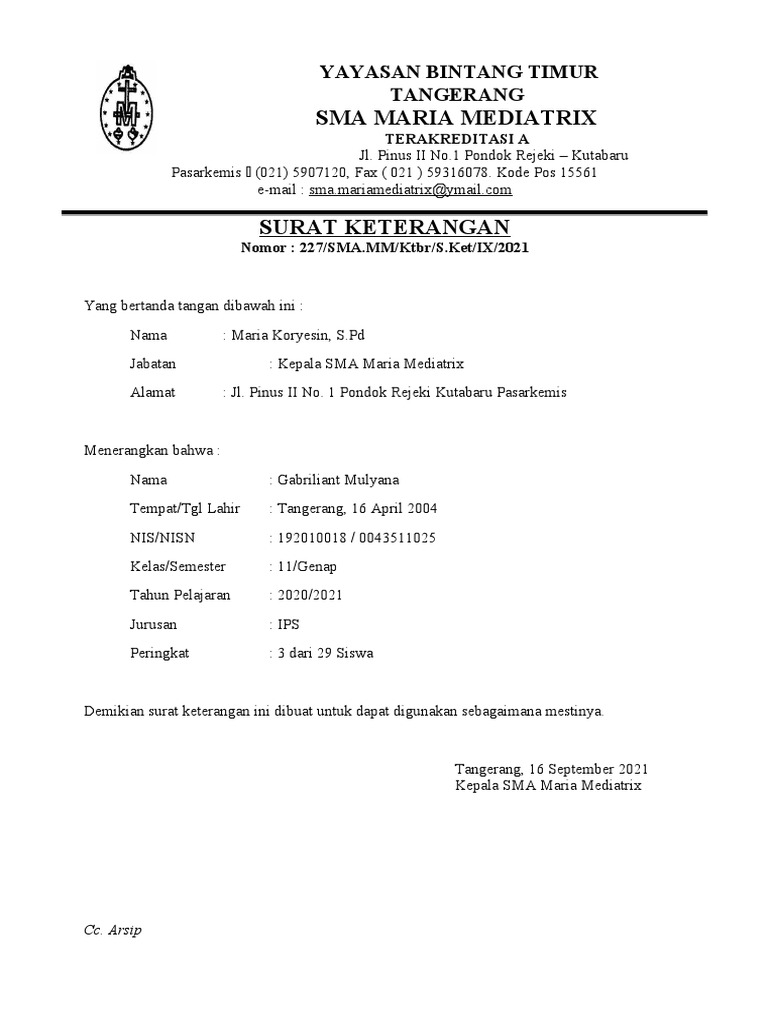 Surat Keterangan Peringkat Kelas Standar | PDF