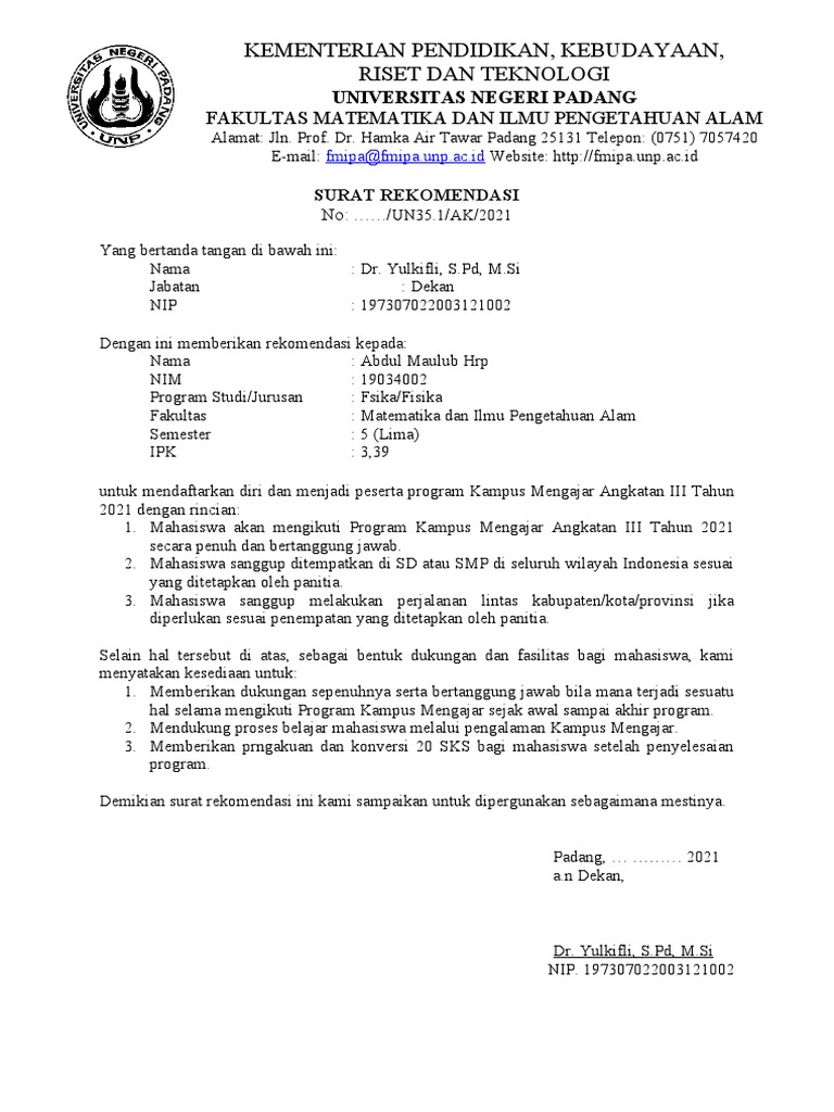 Surat Rekomendasi Kampus Mengajar | PDF