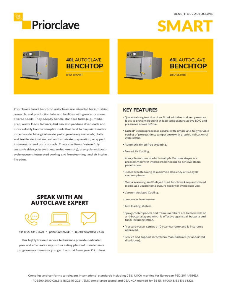 Priorclave Autoclave Benchtop 40 60 Smart Data Sheet | PDF ...