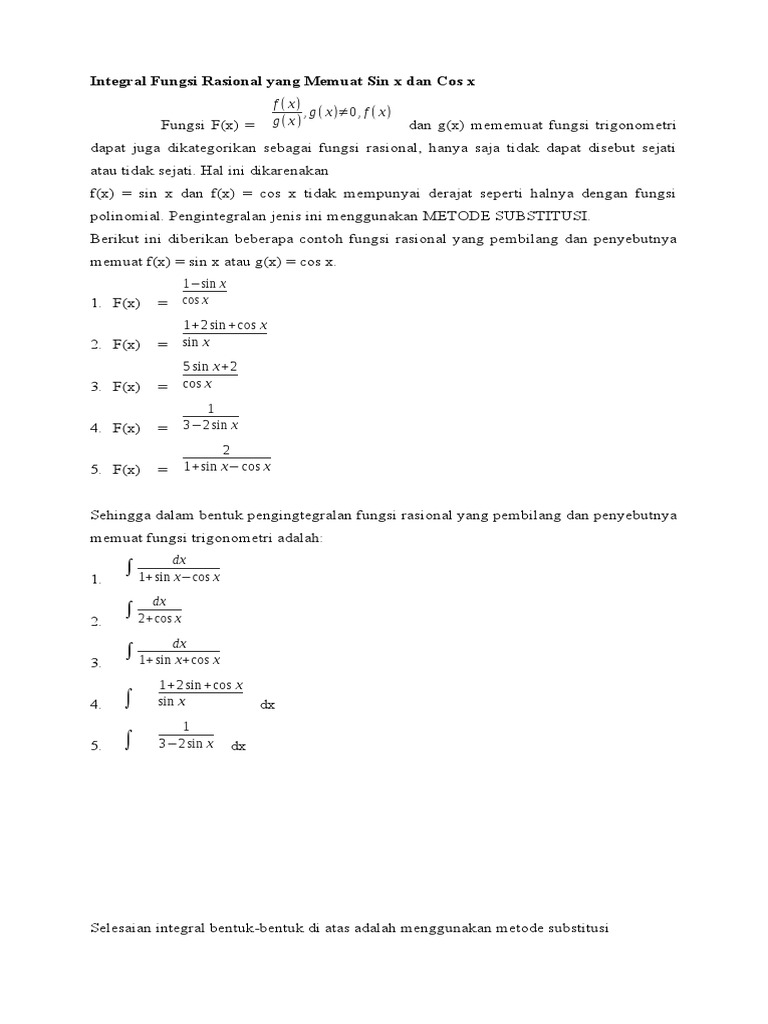 Integral Fungsi Rasional Yang Memuat Sin X Dan Cos X | PDF