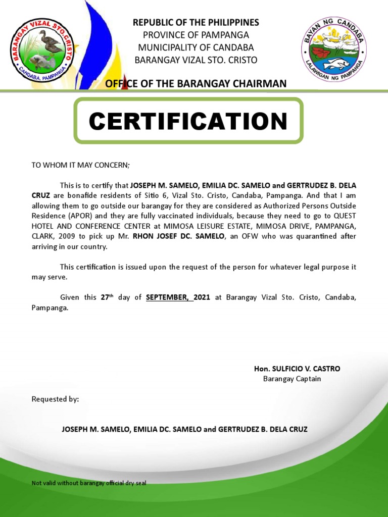 Barangay Certification for Authorized Persons | PDF