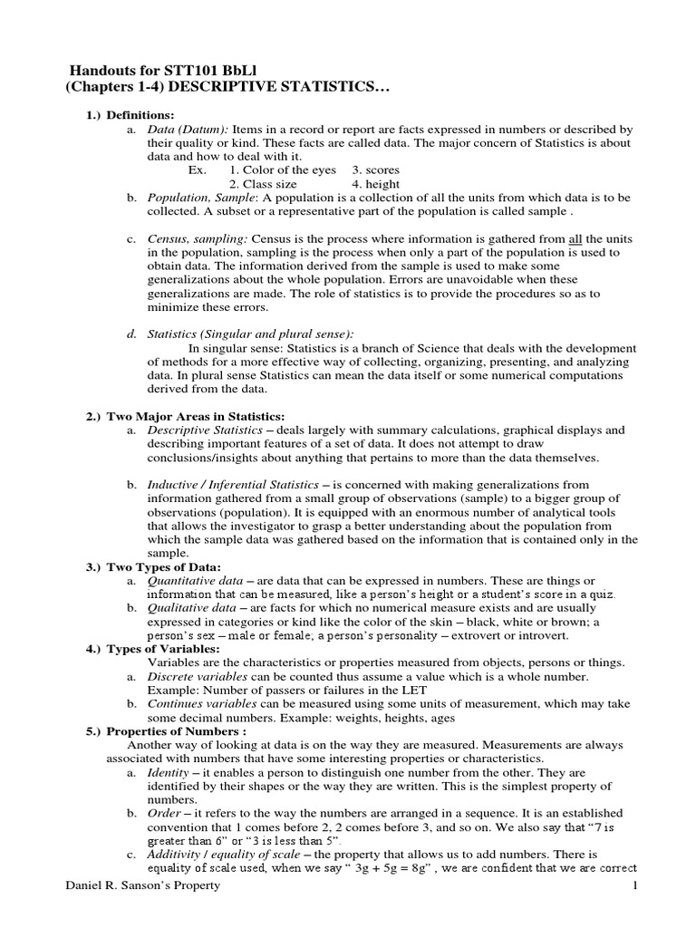 Handouts For Stt101 BBLL (Chapters 1-4) Descriptive Statistics | PDF | Sampling (Statistics ...