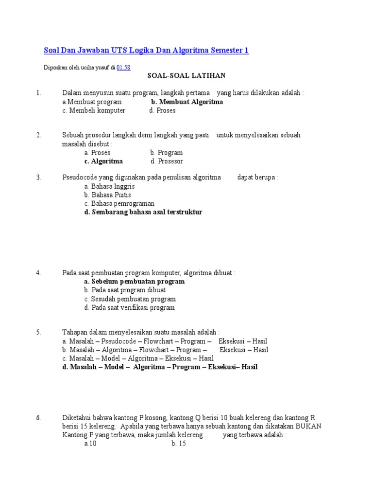 Soal Dan Jawaban UTS Logika Dan Algoritma Semester 1 | PDF
