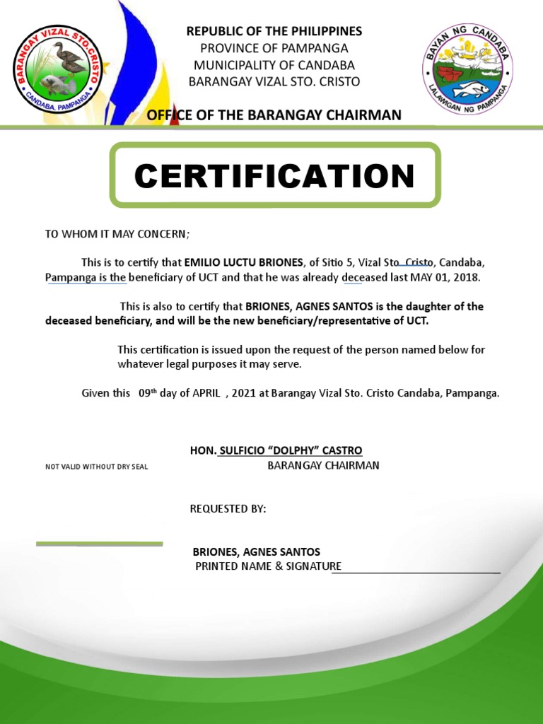 Certificate For Uct Deceased Beneficiary | PDF