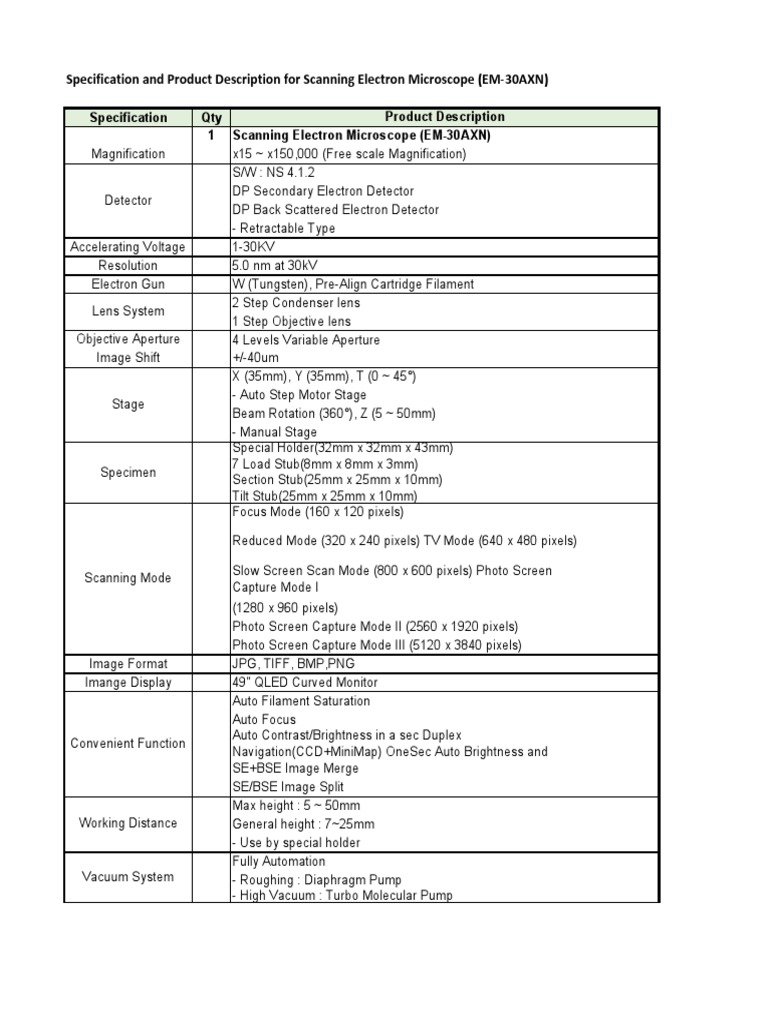 Specification and Product Description For Scanning Electron Microscope ...