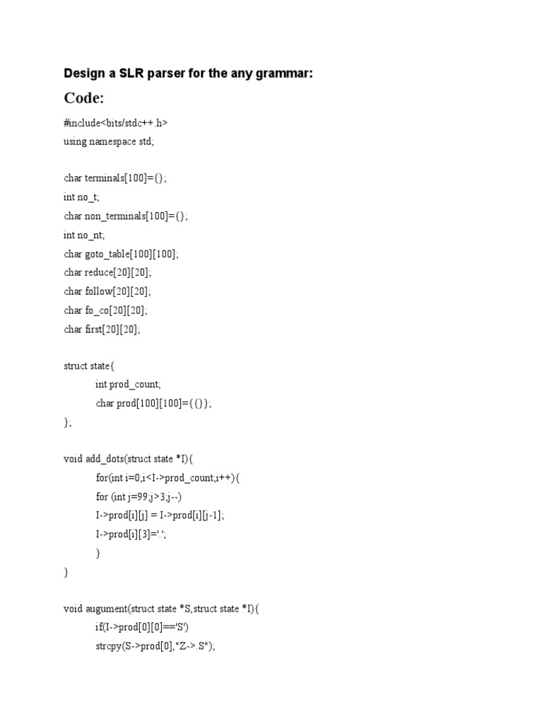 Code Design A Slr Parser For The Any Grammar Pdf Parsing Computer Programming