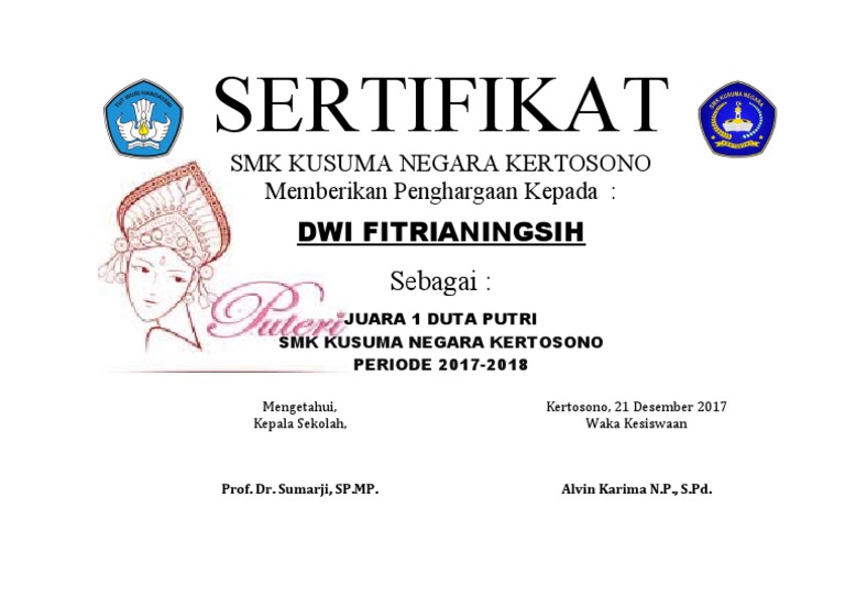 Sertifikat Juara 1 Duta Putri 2018 | PDF