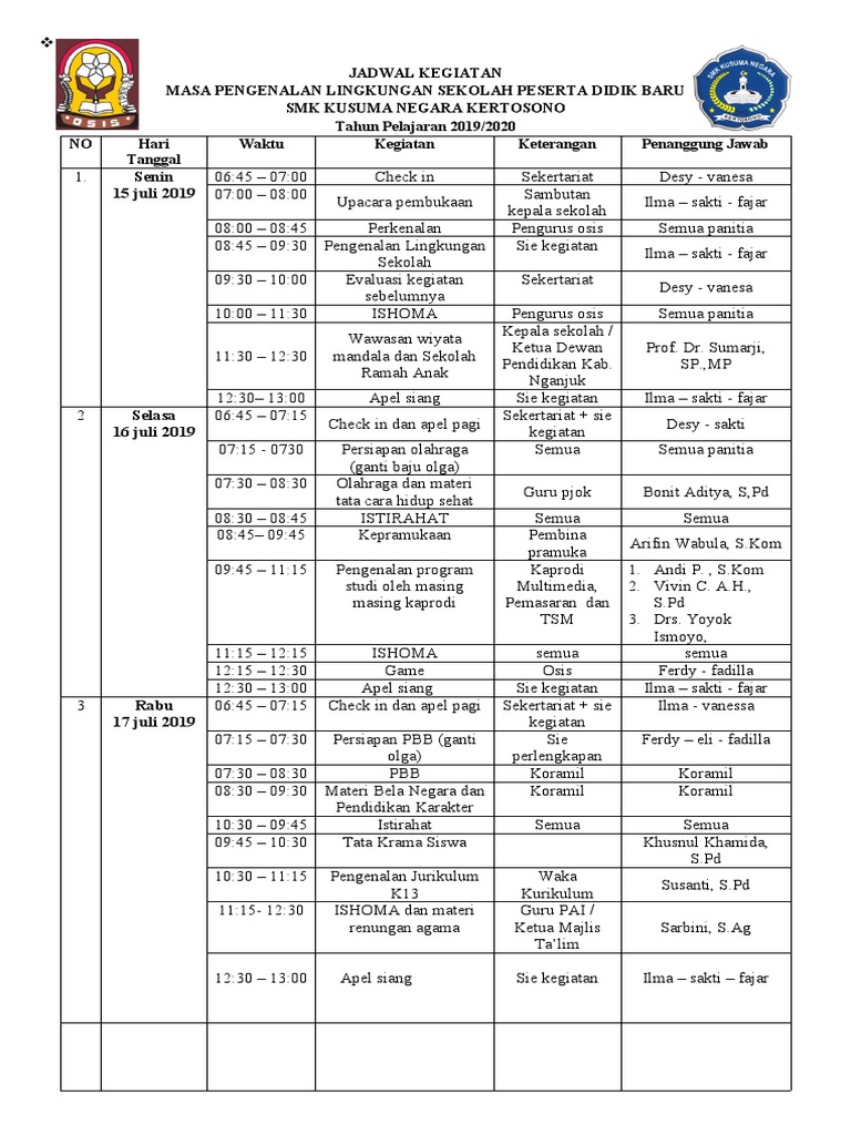 Jadwal Kegiatan Mos | PDF