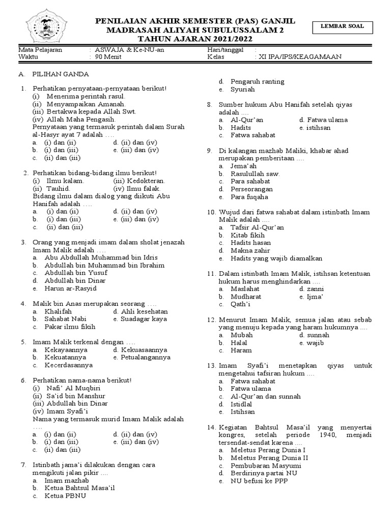 Soal Pas Aswaja & Ke-nu-An Kelas 11 | PDF