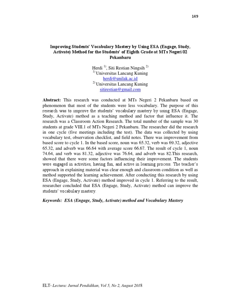Improving Students' Vocabulary Mastery by Using Esa (Engage, Study ...