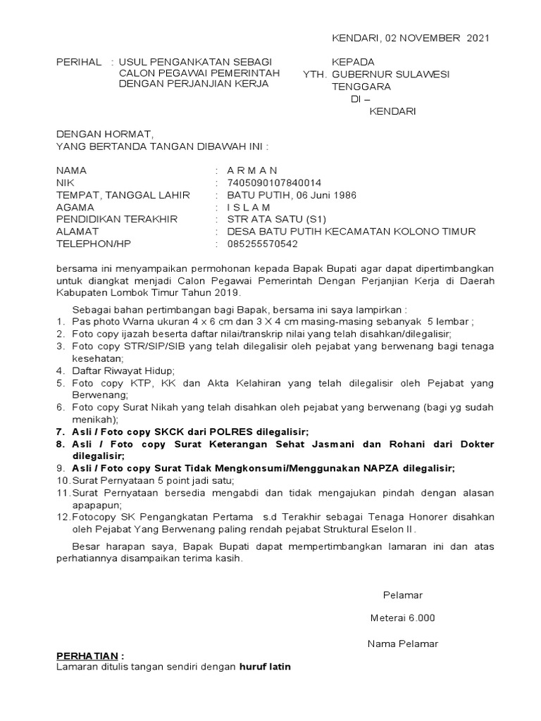 Format CONTOH SURAT LAMARAN PPPK | PDF