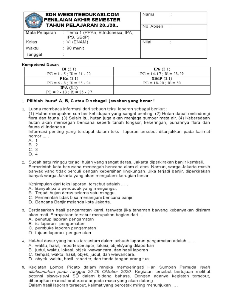 Soal Pas Kelas 6 Tema 1 | PDF | Ilmu Sosial | Perjalanan