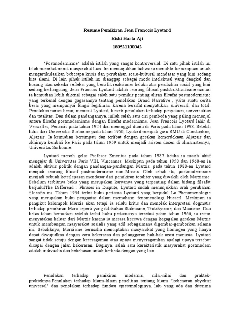 Resume - Pemikiran Jean Francois Lyotard | PDF