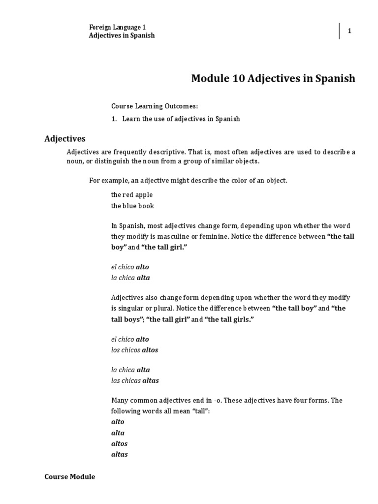 W12 - Adjectives in Spanish | PDF | Adjective | Plural