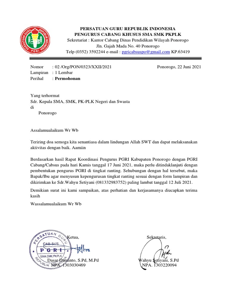 Surat Embentukan Ranting Pgri 1 | PDF
