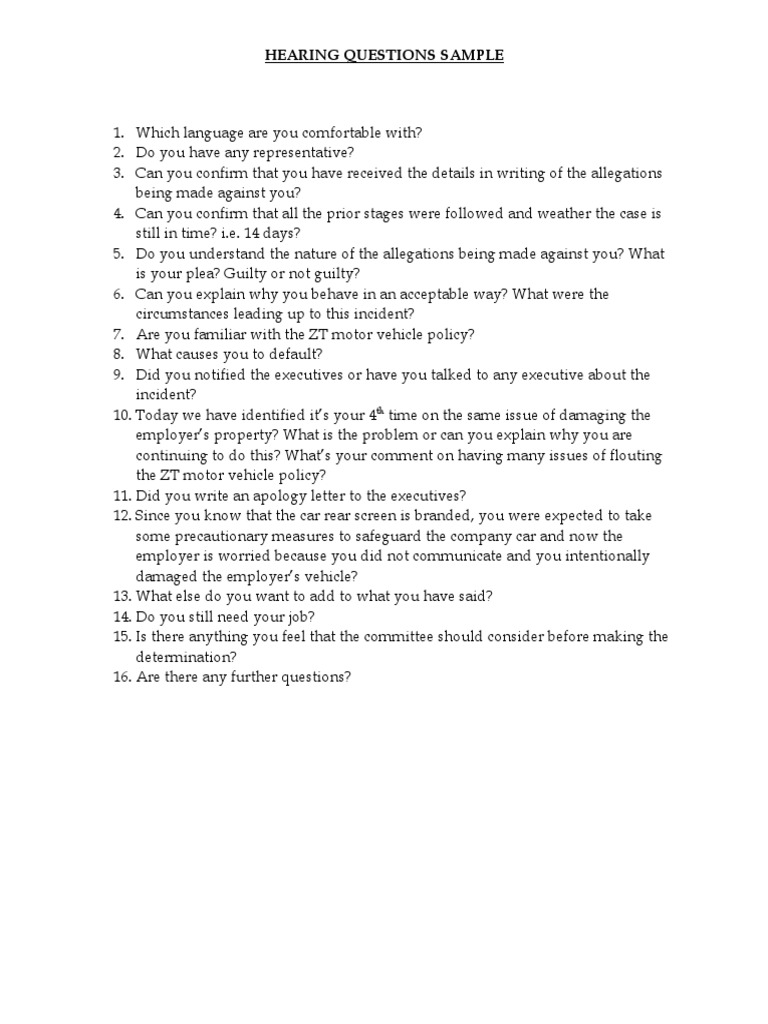 Disciplinary Hearing Questions Sample | PDF