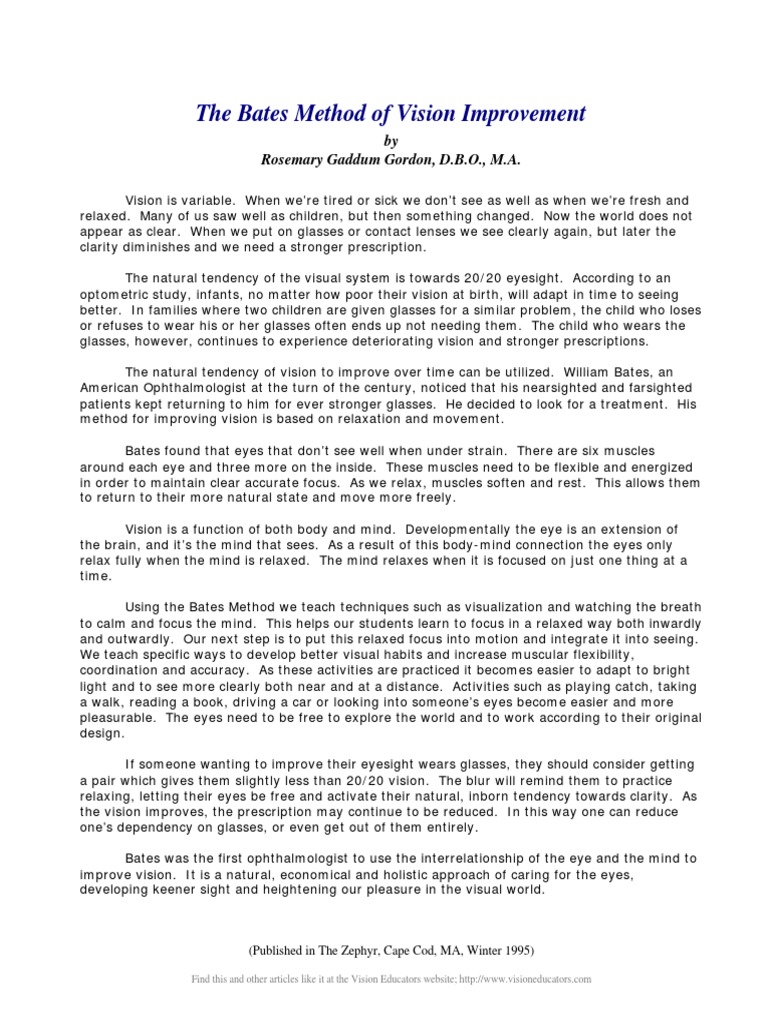 The Bates Method of Vision Improvement | PDF | Glasses | Human Eye