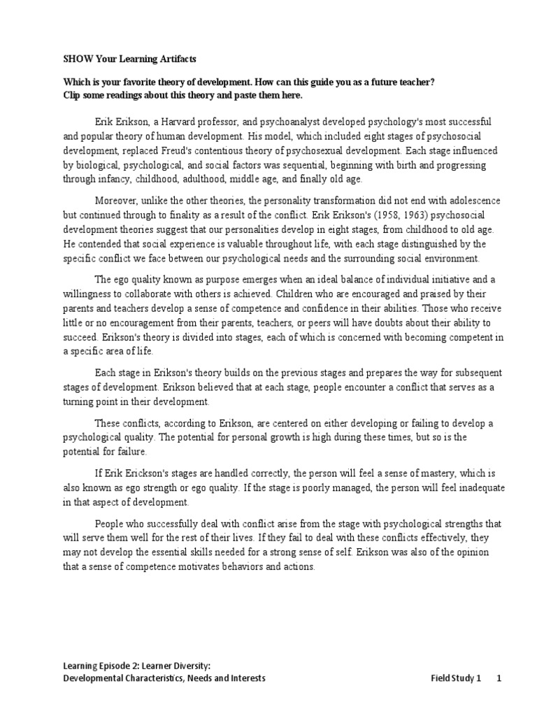 Episode 2 Learning Artifacts | PDF | Human Development | Psychological Theories