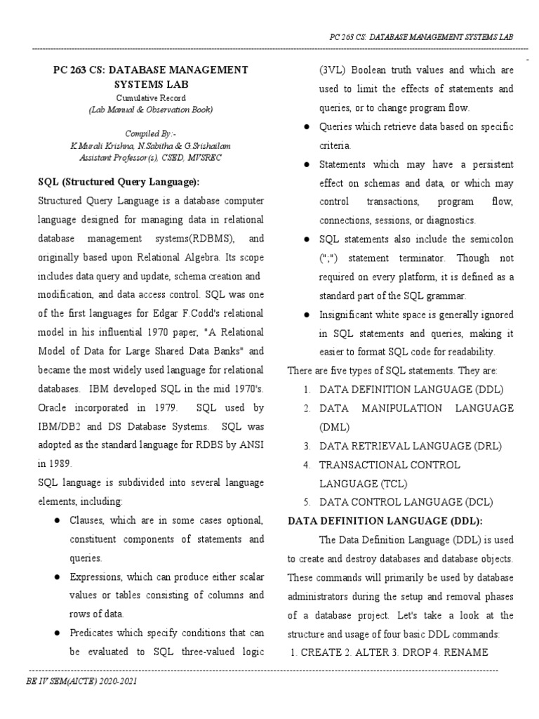 DBMS Lab Record 2020-21 | Download Free PDF | Subroutine | Databases DBMS Lab Record 2020-21 | Download Free PDF | Subroutine | Databases