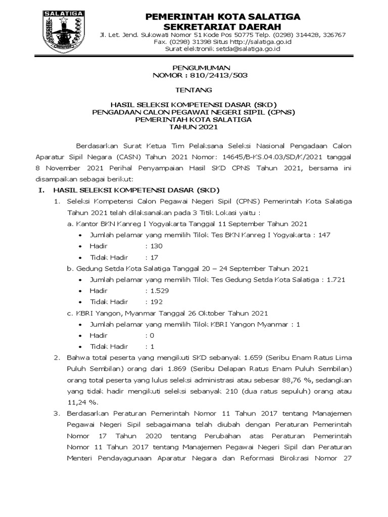 Pengumuman Hasil Seleksi SKD CPNS Pemerintah Kota Salatiga Tahun 2021 | PDF