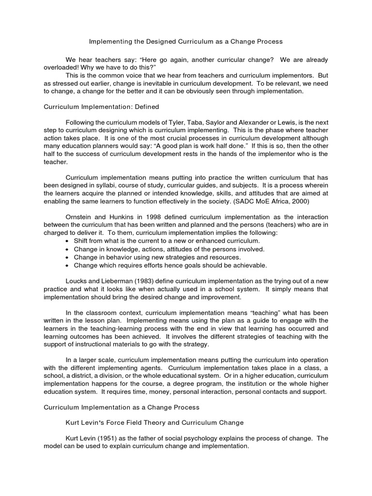 Implementing The Designed Curriculum As A Change Process | PDF ...