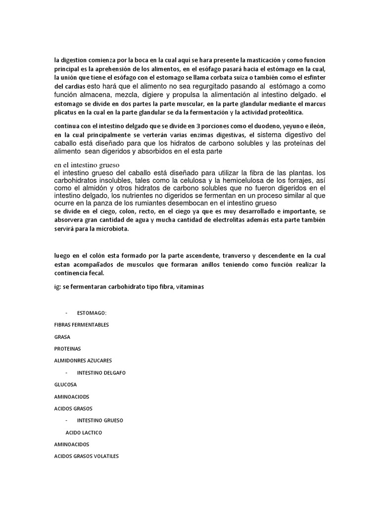 Digestión del caballo: proceso y funciones | PDF