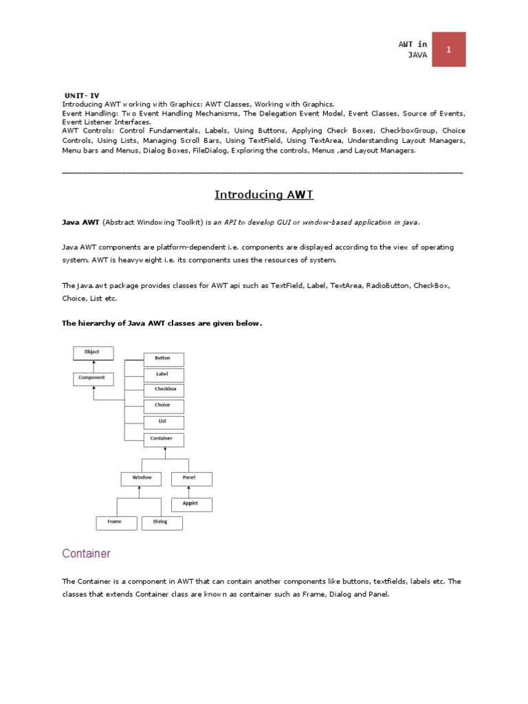 Introducing AWT: Container | PDF | Class (Computer Programming) | Graphical User Interfaces