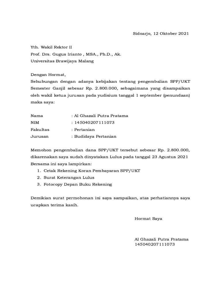 Surat Pengajuan Pengembalian UKT | PDF