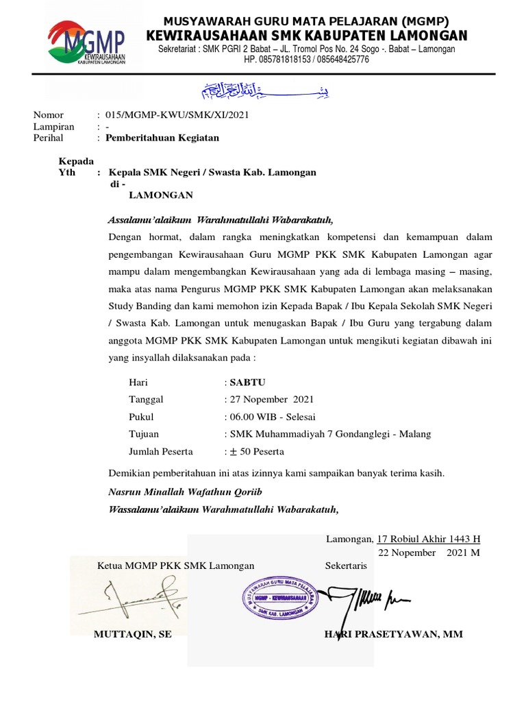 Surat Pemberitahuan Study Banding | PDF