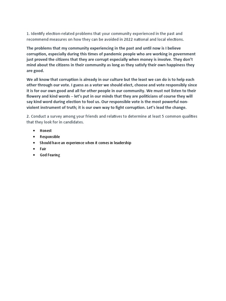 Election Related Problems and Survey of Candidate Qualities GROUP 5 ...