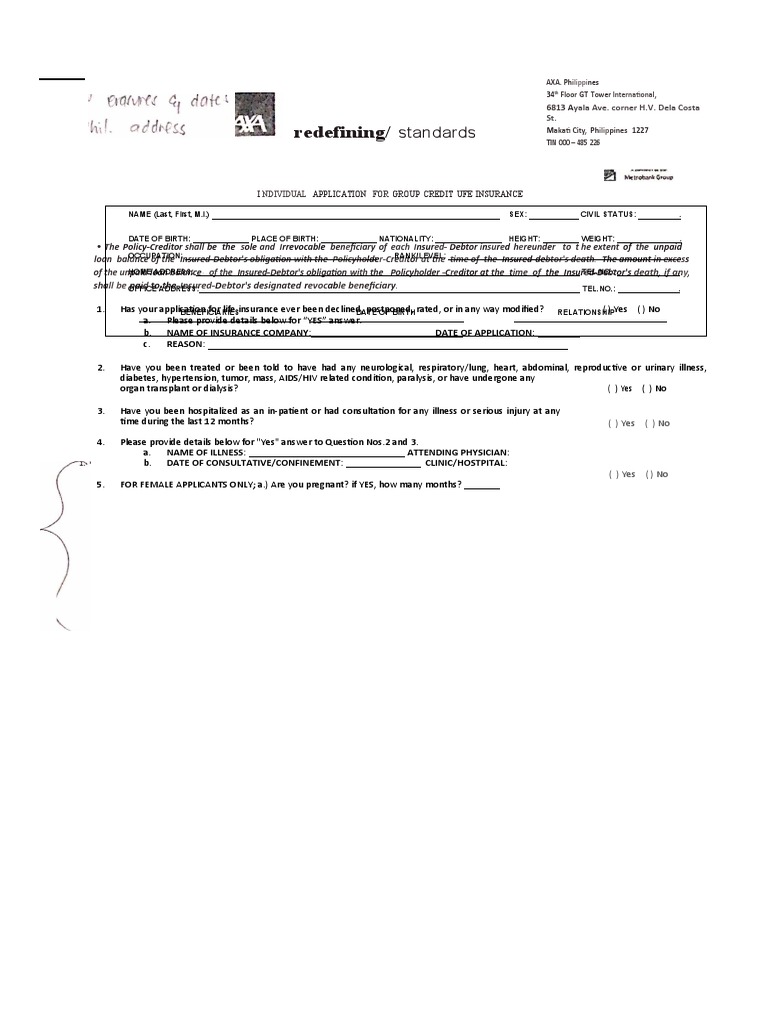 AXA Philippines Group Credit Life Insurance Application | PDF ...