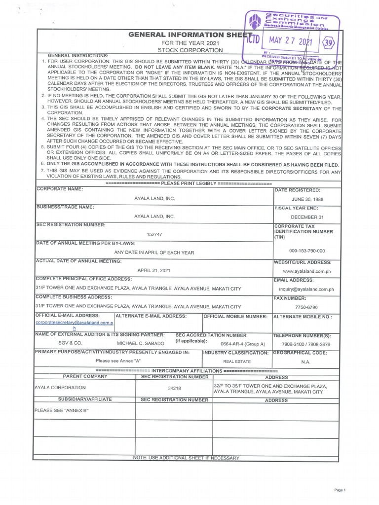 Ayala Land Inc. Gis 2021 Sec Received Redacted | PDF