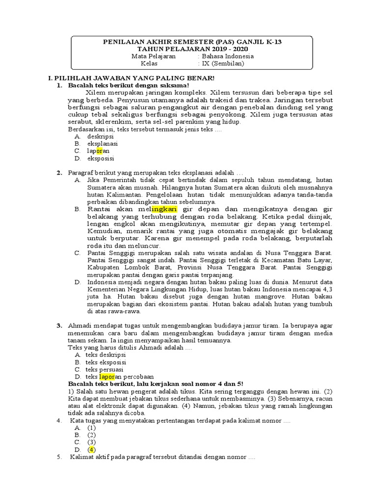 Soal Pas KLS 9 2019 Ok | PDF