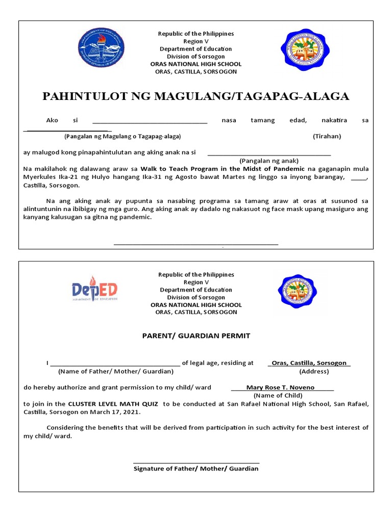 Parents Permit For Students in Filipino | PDF | Interpersonal ...