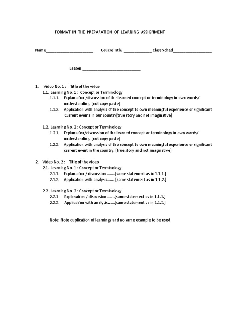 Format in The Preparation of Learning Assignment | PDF