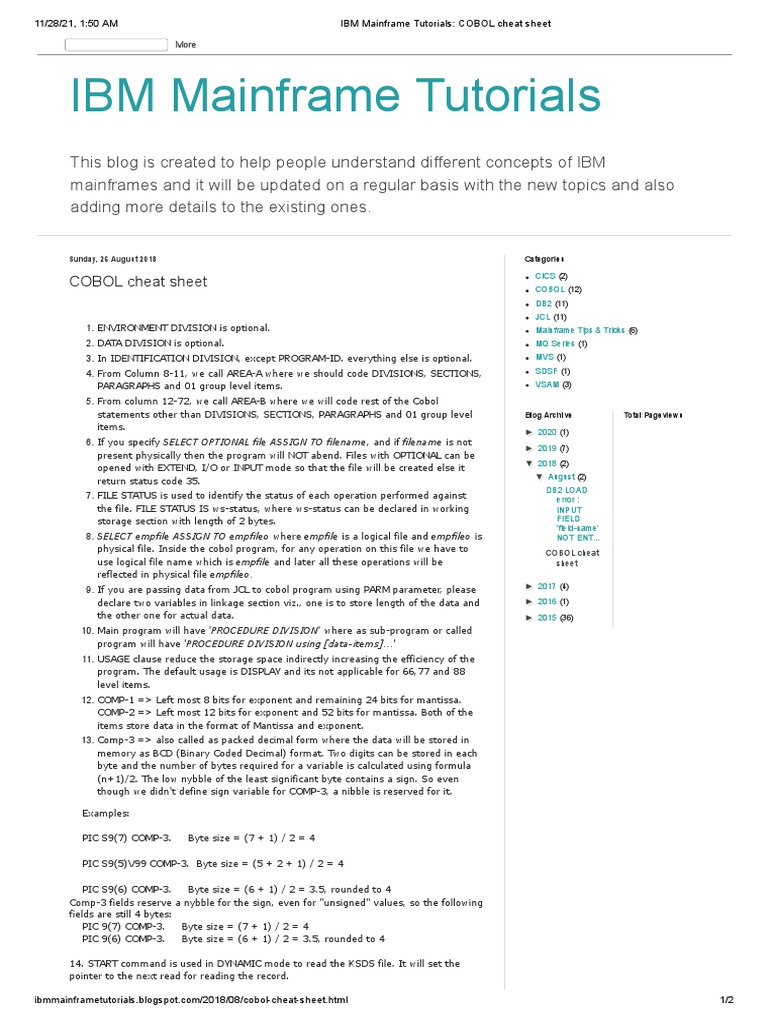 IBM Mainframe Tutorials - COBOL Cheat Sheet | PDF | Binary Coded Decimal | Bit