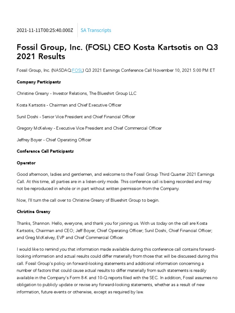 Fossil Group, Inc. (FOSL) CEO Kosta Kartsotis On Q3 2021 Results | PDF ...