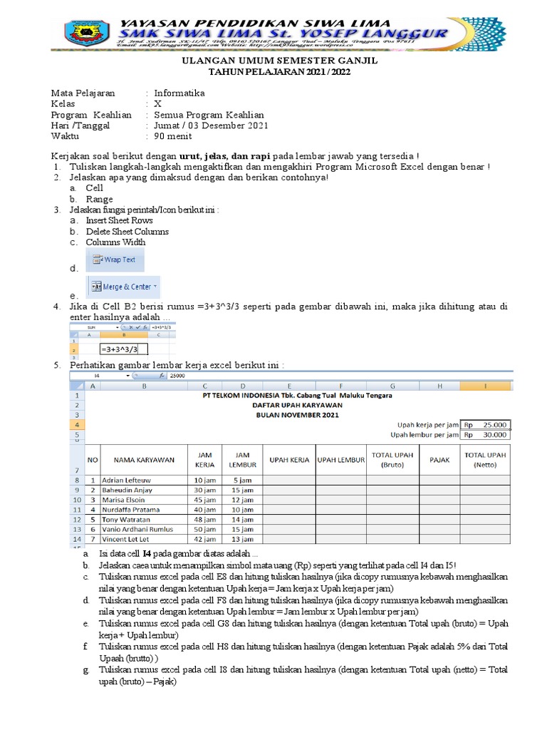 Informatika Soal Ujian Semester Ganjil (Ms. Excel) | PDF