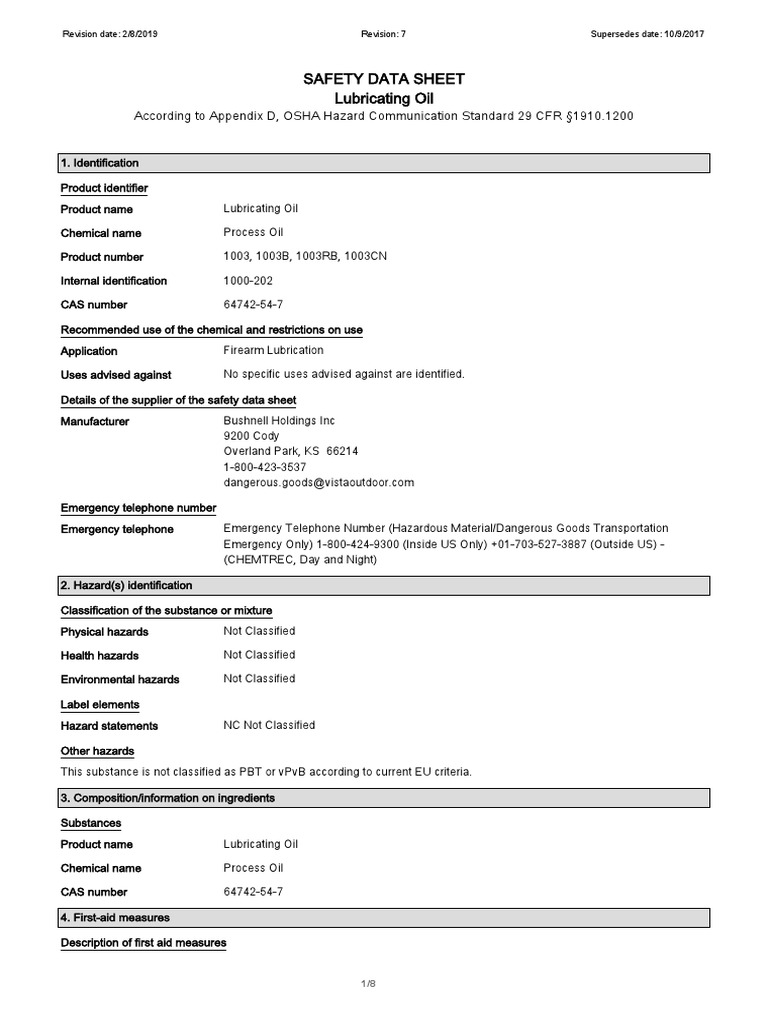Safety Data Sheet for Bushnell Lubricating Oil | PDF | Dangerous Goods ...