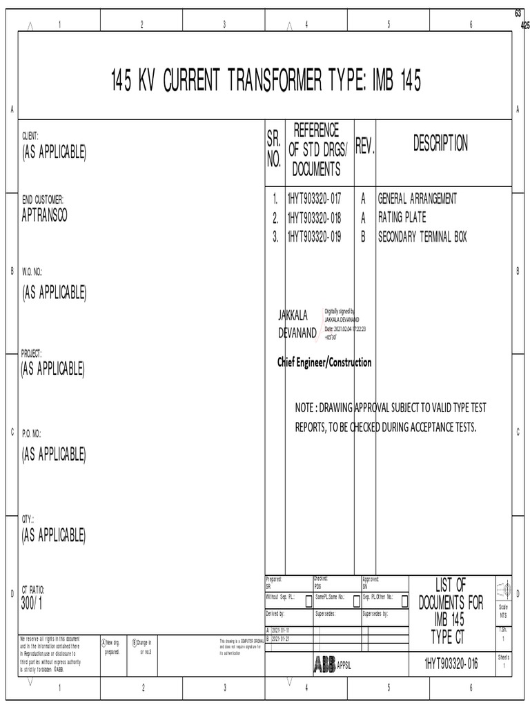 145 KV Current Transformer Type: Imb 145: Description SR. NO. Rev | PDF ...