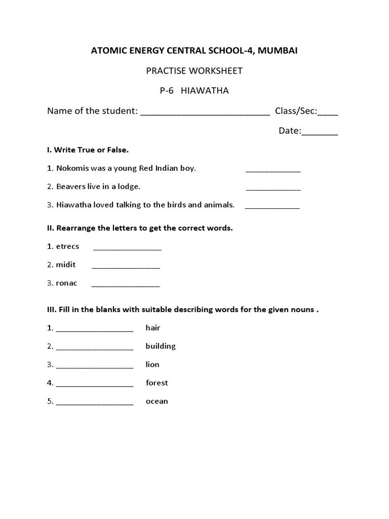 Hiawatha Worksheet for Class 4 | PDF